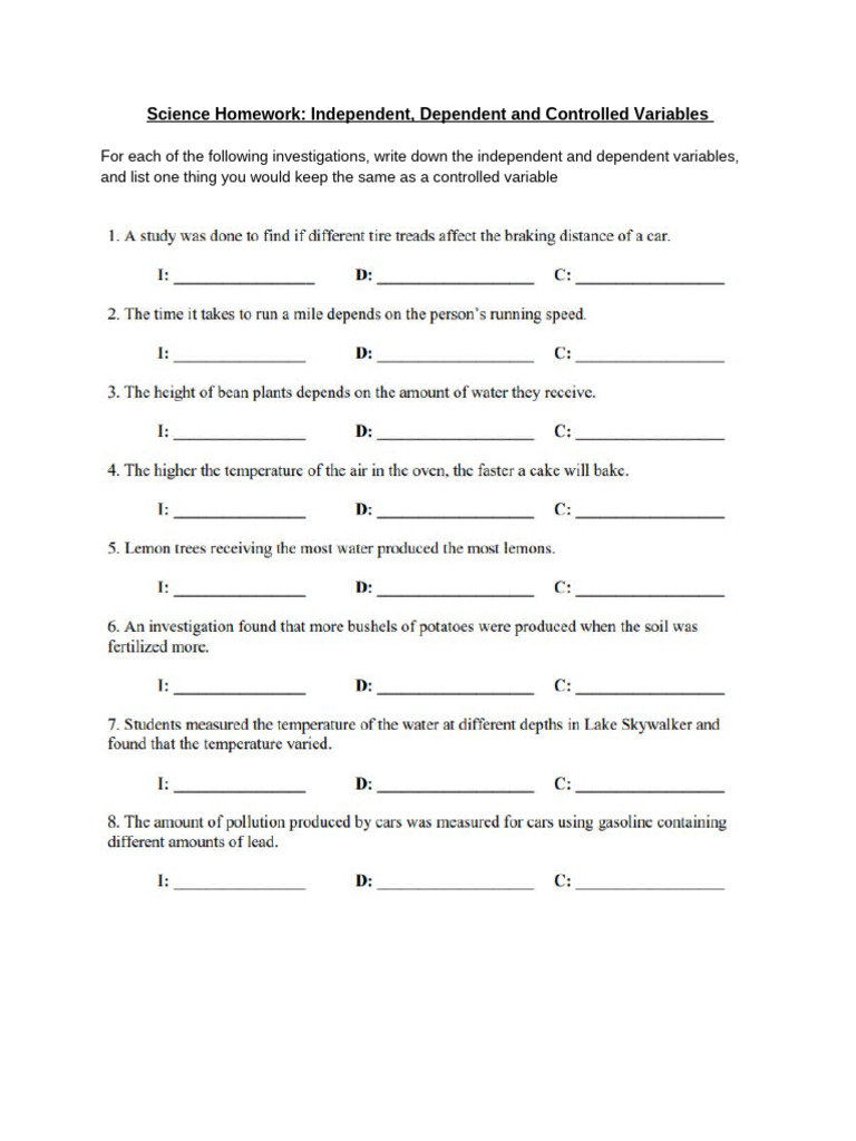 Science Homework - Independent, Dependent and Controlled Variables | PDF