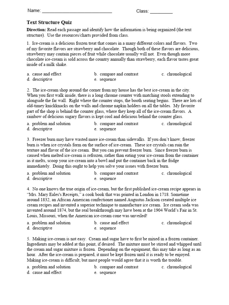 text-structure-quiz-form-a | PDF | Ice Cream | Food And Drink Preparation