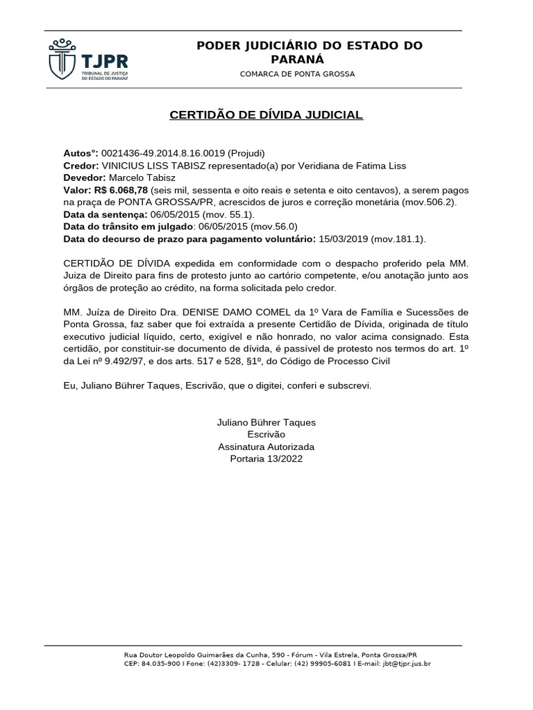 Certidão de Dívida Judicial em Ponta Grossa | PDF