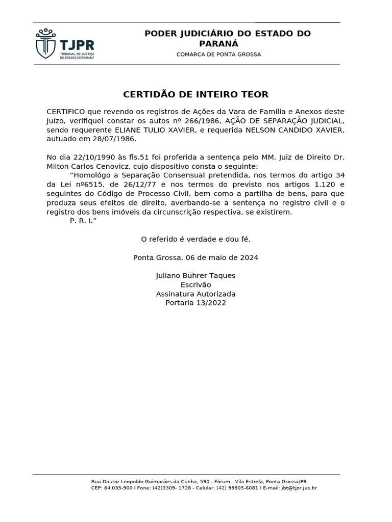 (Modelo) Certidão de Inteiro Teor | PDF