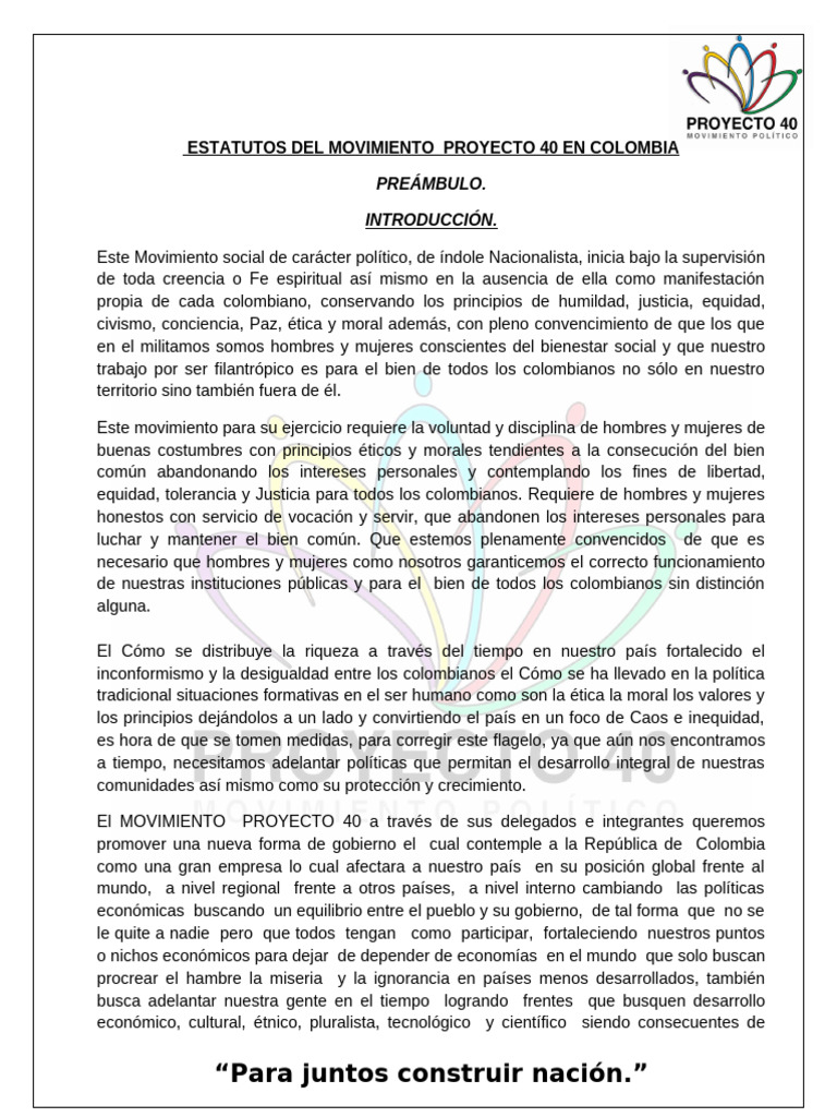Estatutos del Movimiento Proyecto 40 | PDF | Nacionalismo | Movimientos ...