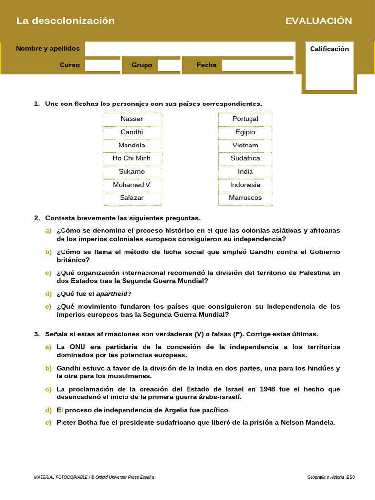 Descolo Eval Sol Prueba Evaluacion Niv 1 | PDF | Descolonización | Colonialismo