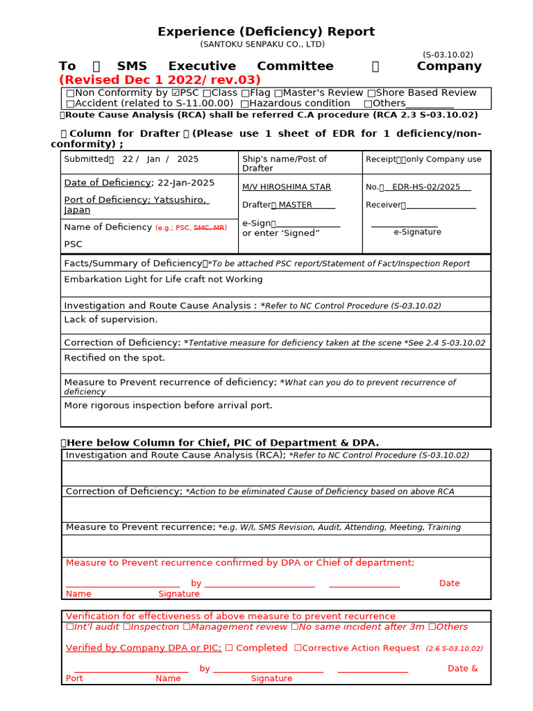 S-031002 Experience (Defciency) Report EDR-HS-02-2025 | PDF