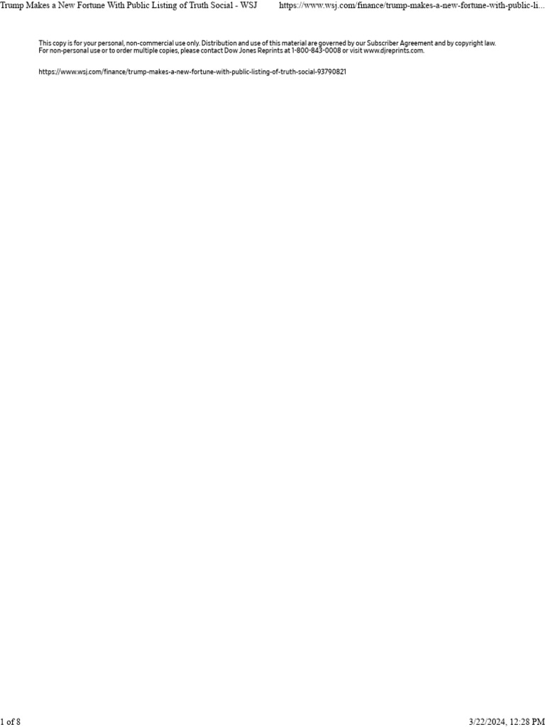 Trump Makes A New Fortune With Public Listing of Truth Social - WSJ | PDF | Stocks | Donald Trump