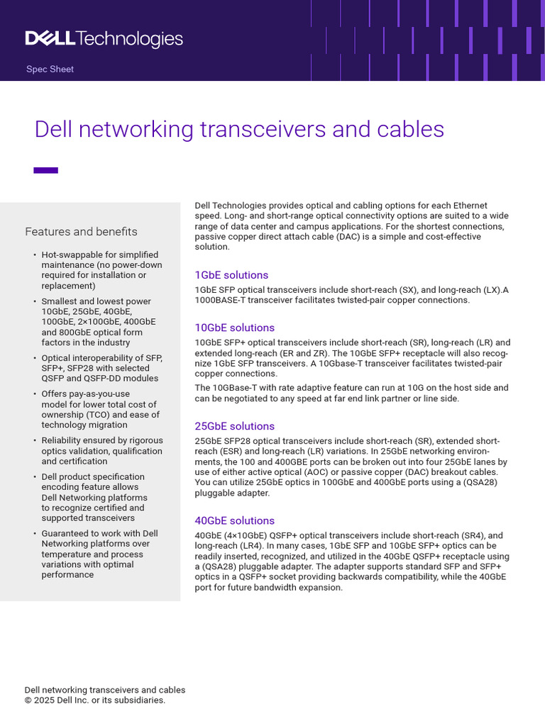 Dell EMC Networking Optics Spec Sheet | PDF | Physical Layer Protocols ...