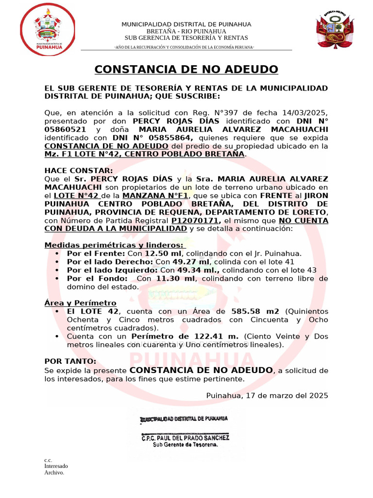 Constancia de No Adeudo MDP | PDF