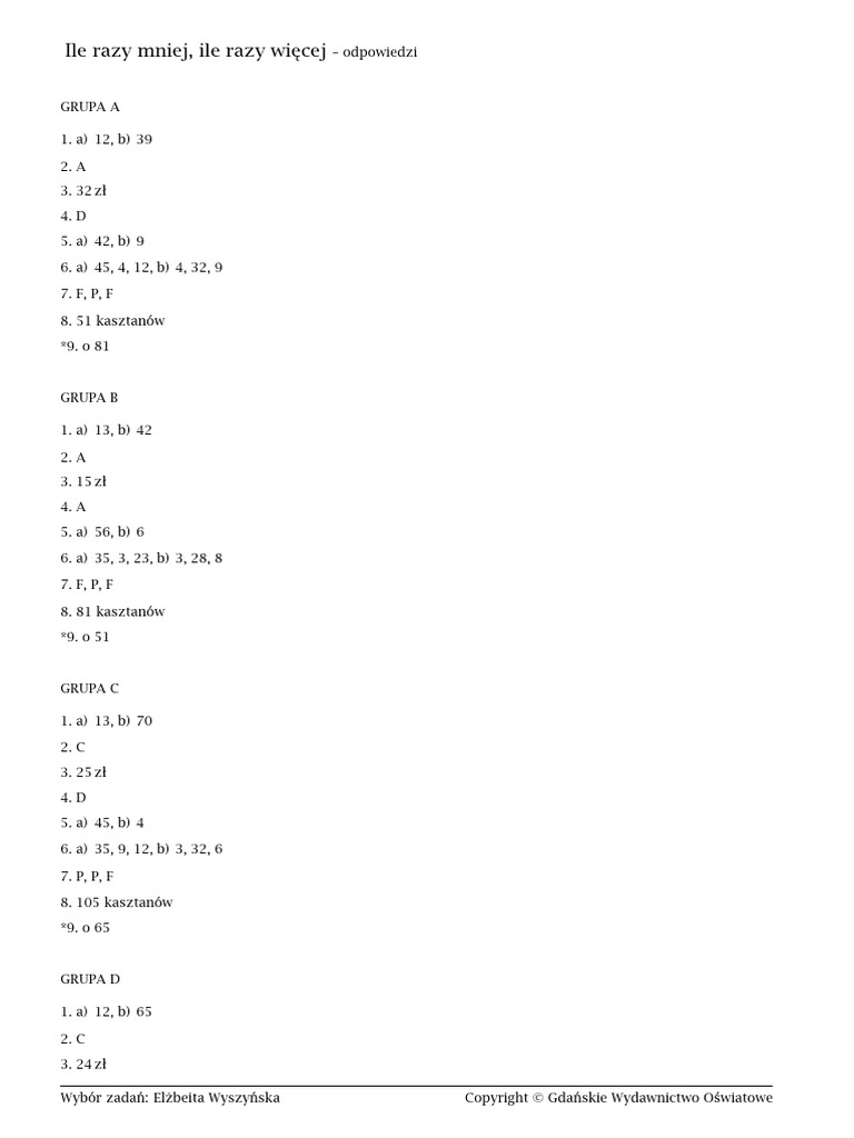 MATEMATYKA KL IV DZIAŁ 5 Ile Razy Mniej, Ile Razy Więcej - Klucz | PDF