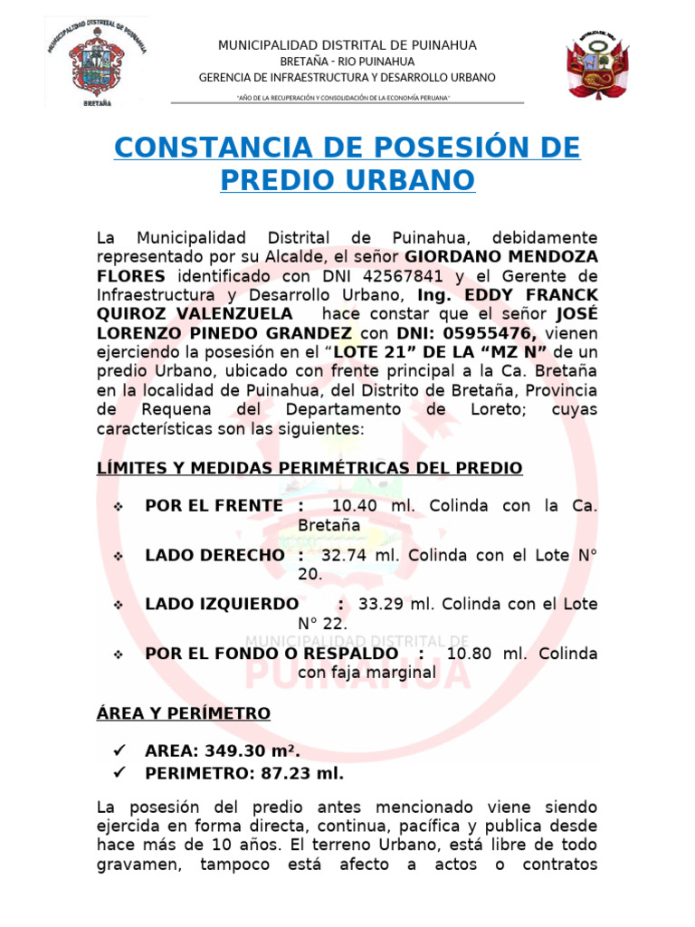 001 - Constancia - de Posesion - MZ - N - Lote - 21 - José - Lorenzo ...