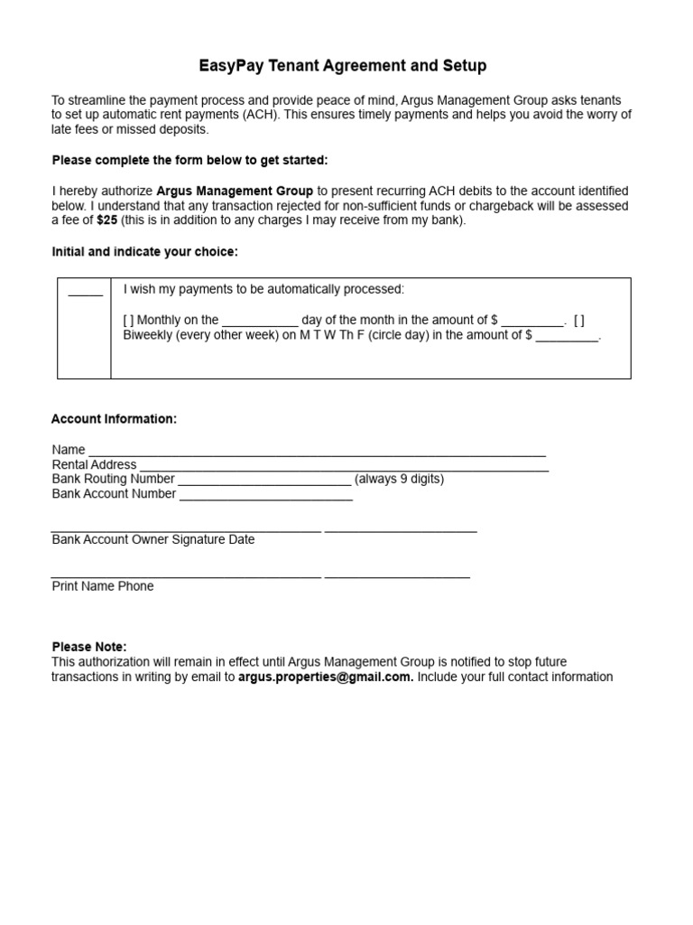 EasyPay Tenant ACH Setup Agreement | PDF