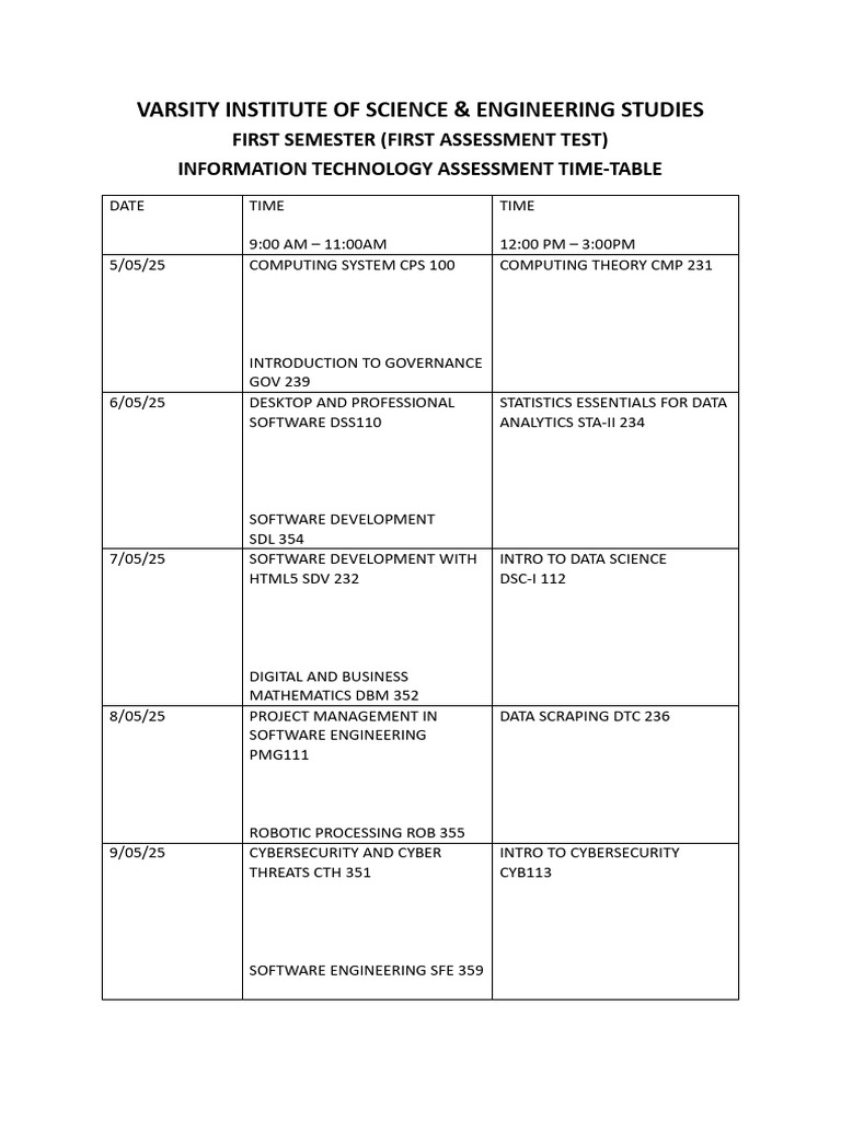 It - Assessment Test Time-Table Fulltime & Online | PDF