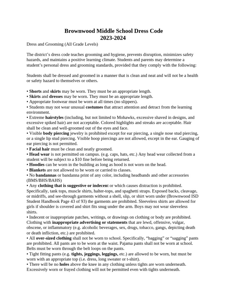Brownwood Middle School Dress Code | PDF | Trousers | Dress