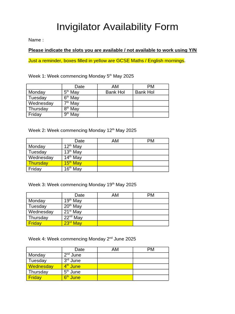 Invigilator Availability Schedule 2025 | PDF
