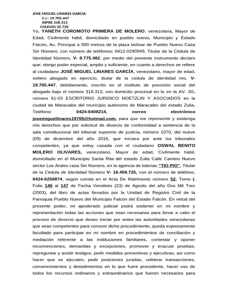 PODER ESPECIAL DIVORCIO | PDF | Divorcio | Gobierno