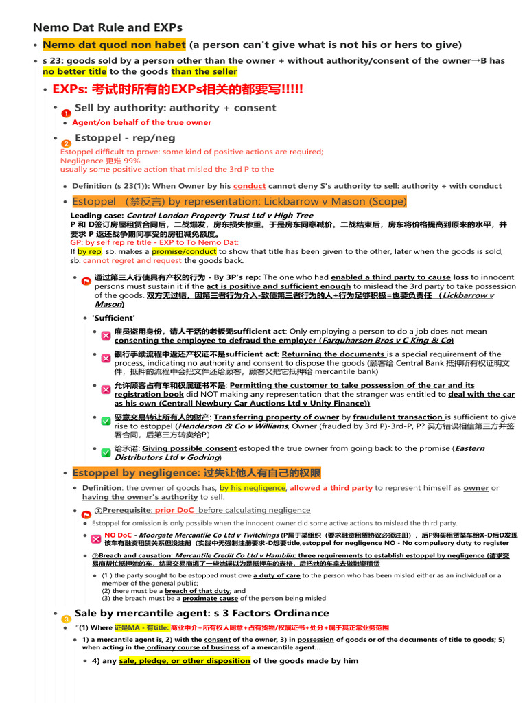 Nemo Dat Rule and EXPs 考试版 | PDF | Estoppel | Business Law