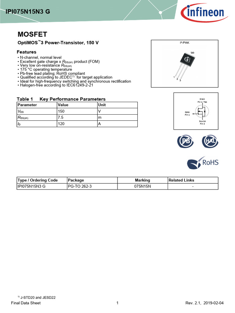 Infineon-IPI075N15N3 G-DS-v02 - 01-EN | PDF | Diode | Field Effect Transistor