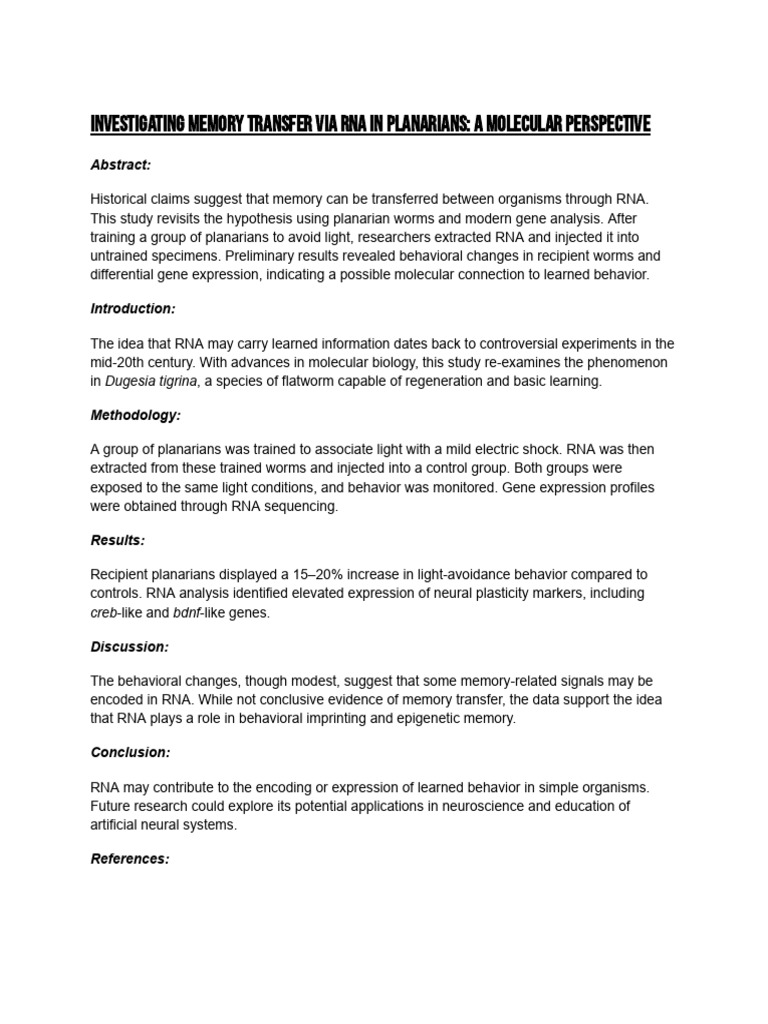 Memory Transfer Through RNA: Revisiting the Planarian Hypothesis | PDF