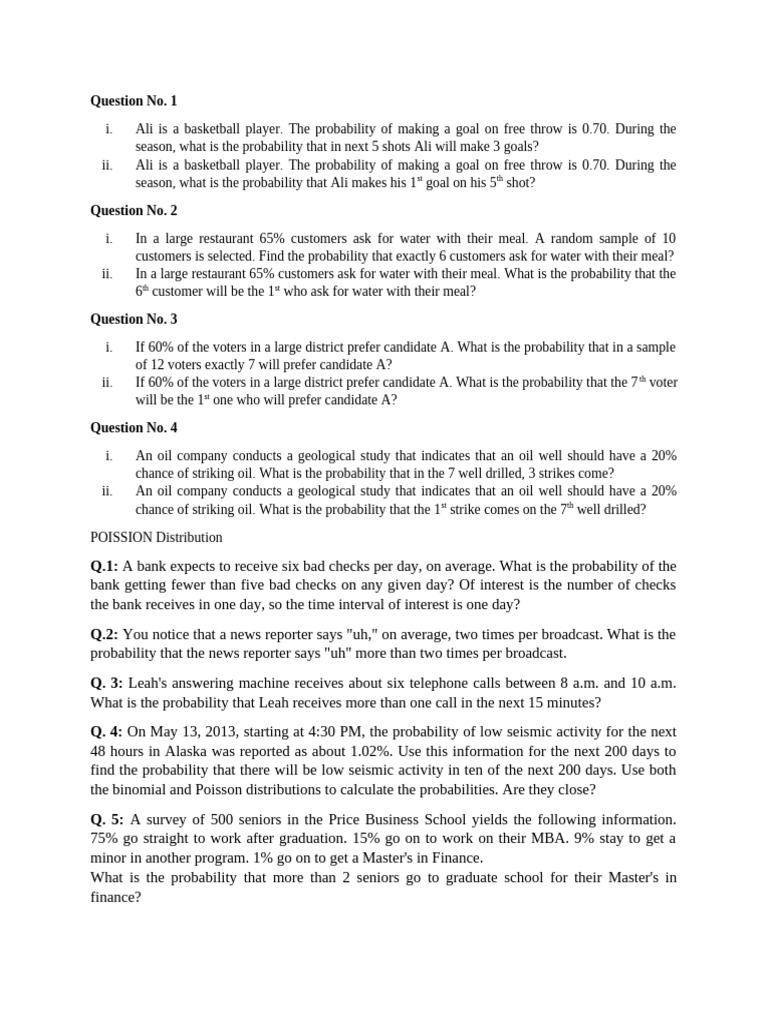Binomial, Negative Binomial, Geometric Dist Questions | PDF ...