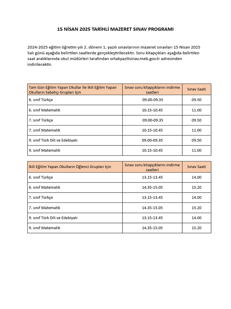 15 Ni̇san 2025 Tari̇hli̇ Mazeret Sinav Programi | PDF