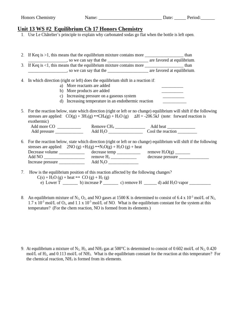 U13 WS#2 Equilibrium HChem | PDF | Physical Chemistry | Continuum Mechanics