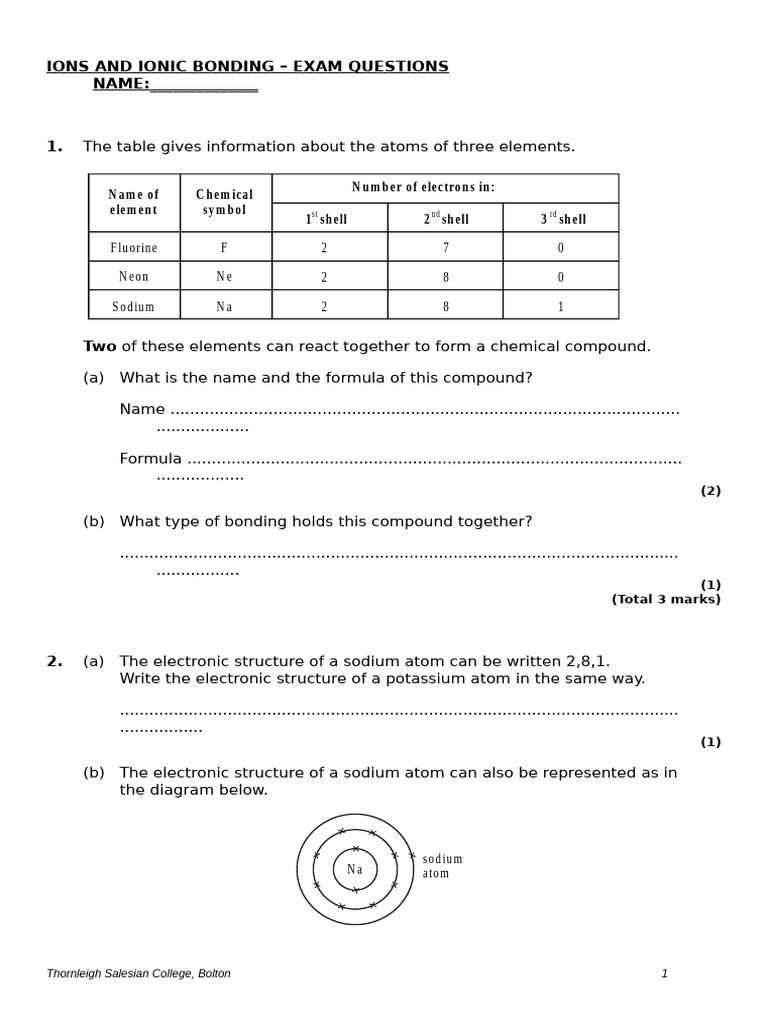 Ions and Ionic Bonding - Exam Questions NAME | PDF | Magnesium | Ion