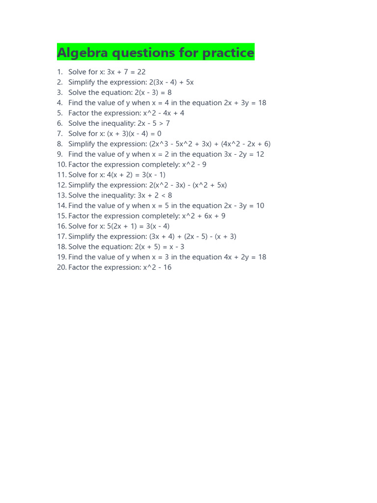 Algebra Questions For Practice With Solutions | PDF | Equations | Algebra