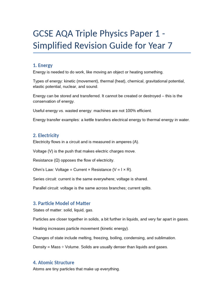 GCSE AQA Physics Paper1 Revision Year7 | PDF