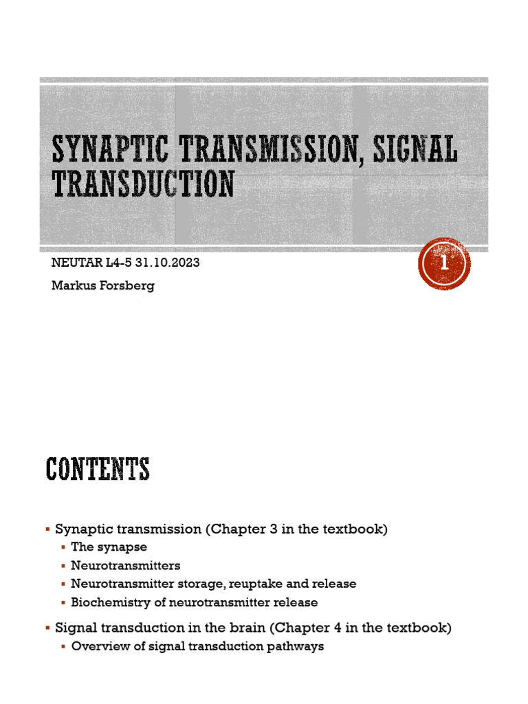 NEUTAR L4 5 Synaptic Transmission Signal Transduction 2023 | PDF | Synapse | Chemical Synapse