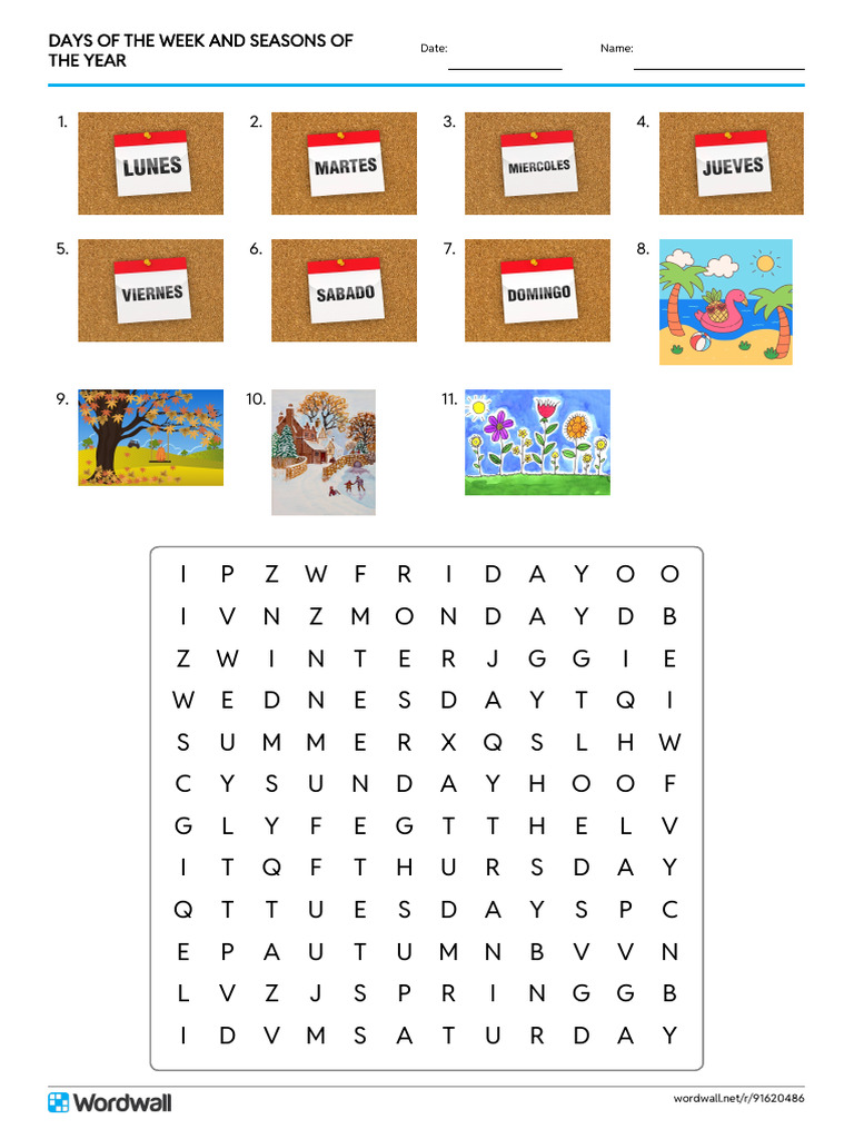 Days of The Week and Seasons of The Year Wordsearch | PDF