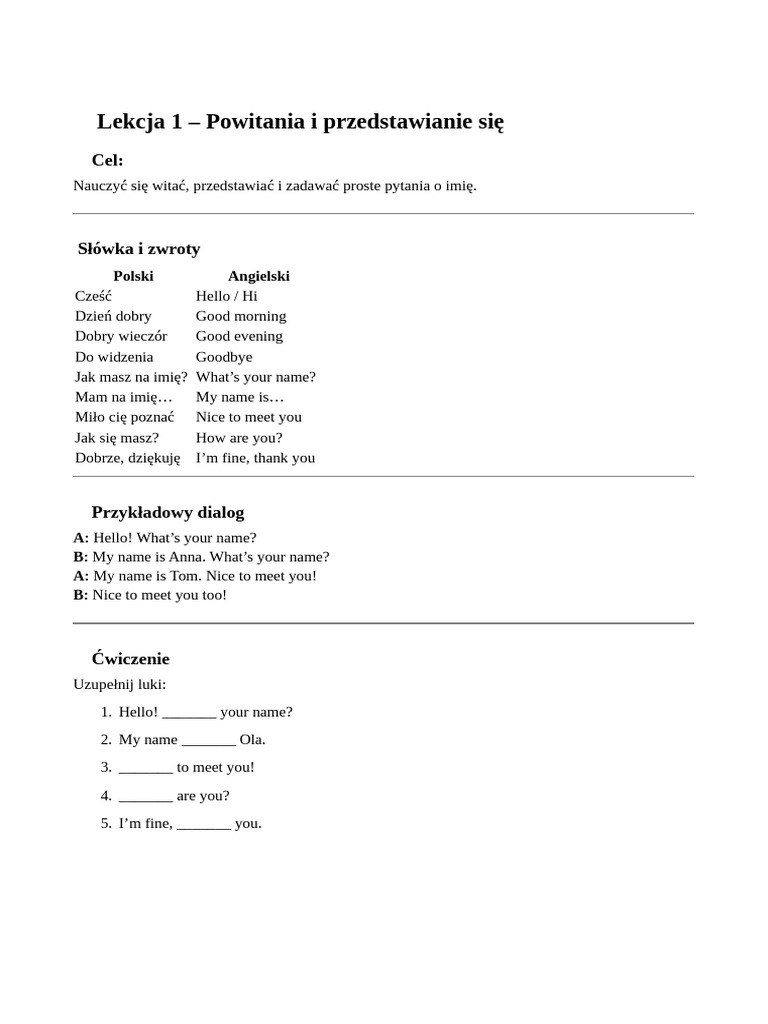 Pierwsza Lekcja Angielski | PDF