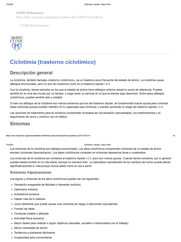 Ciclotimia (Trastorno Ciclotímico) Clinica Mayo | PDF | Desorden ...