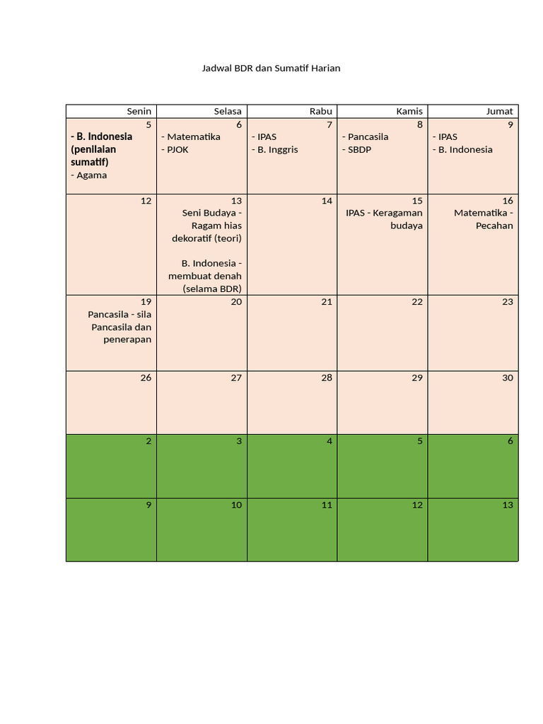 Jadwal BDR Dan Sumatif Harian | PDF