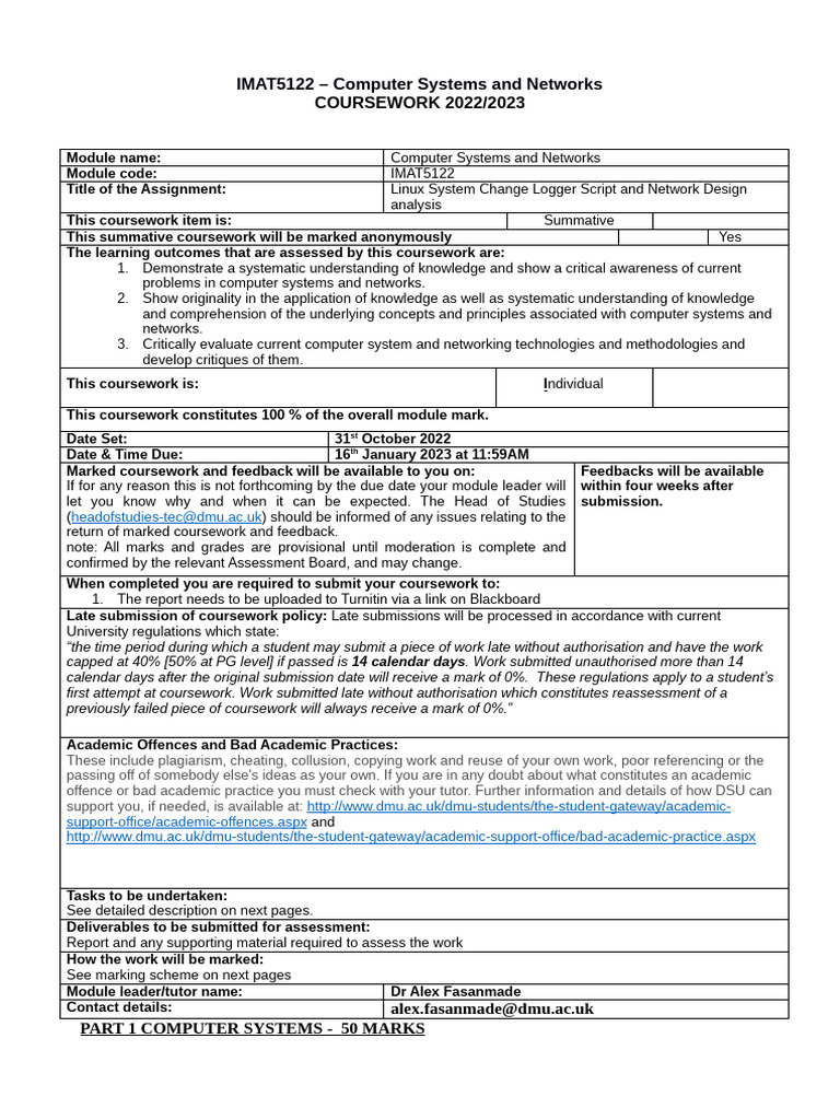 IMAT5122 Coursework Specification222023 | PDF | Computing | Computer ...