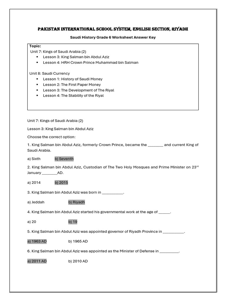 Answer Key Work Sheet Saudi History & Geography Grade-6 (Final Term Exam 2024-25) | PDF | Salman ...