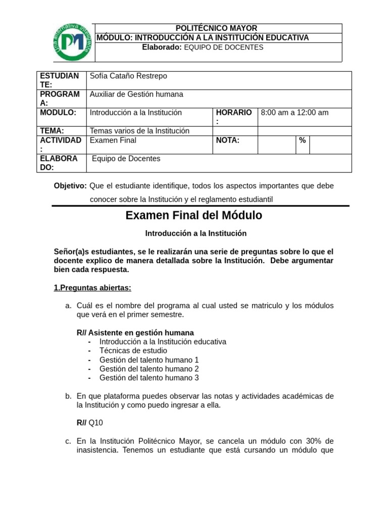 Examen Final Sofia | PDF | Aprendizaje