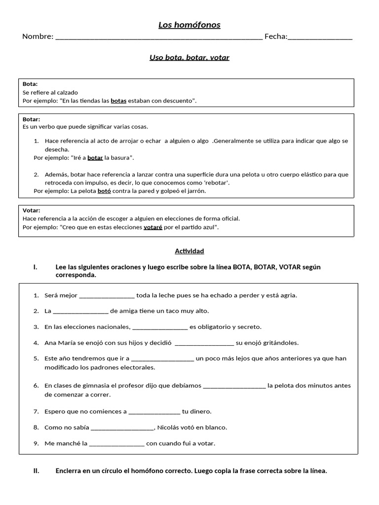 Guía 2. Homófonos Bota, Botar, Votar | PDF