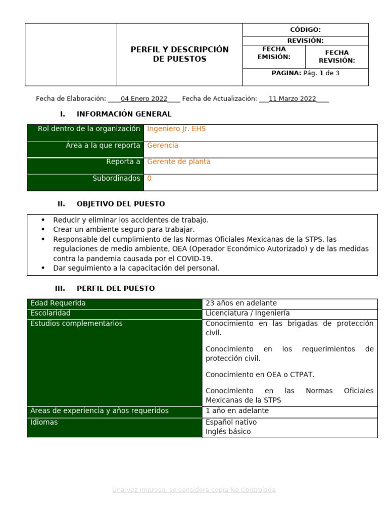 Perfil y Descripción de Puestos - Ingeniero Jr. EHS | PDF | Valores | Gestión de recursos humanos