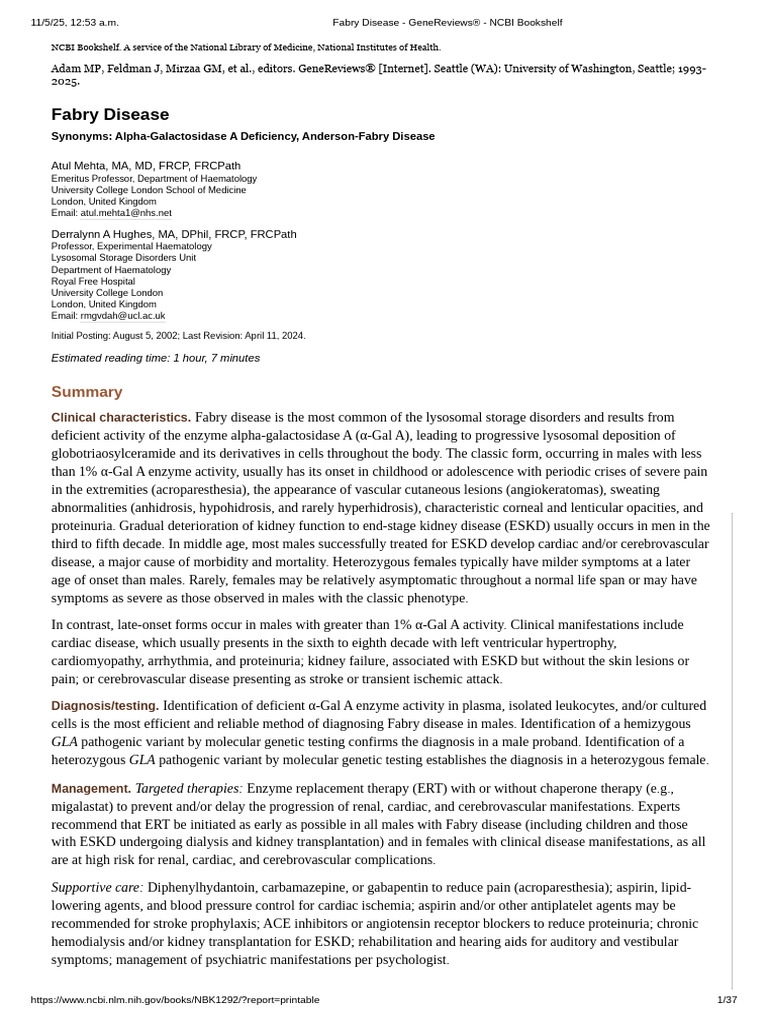 Fabry Disease - GeneReviews® - NCBI Bookshelf | PDF | Dna Sequencing ...