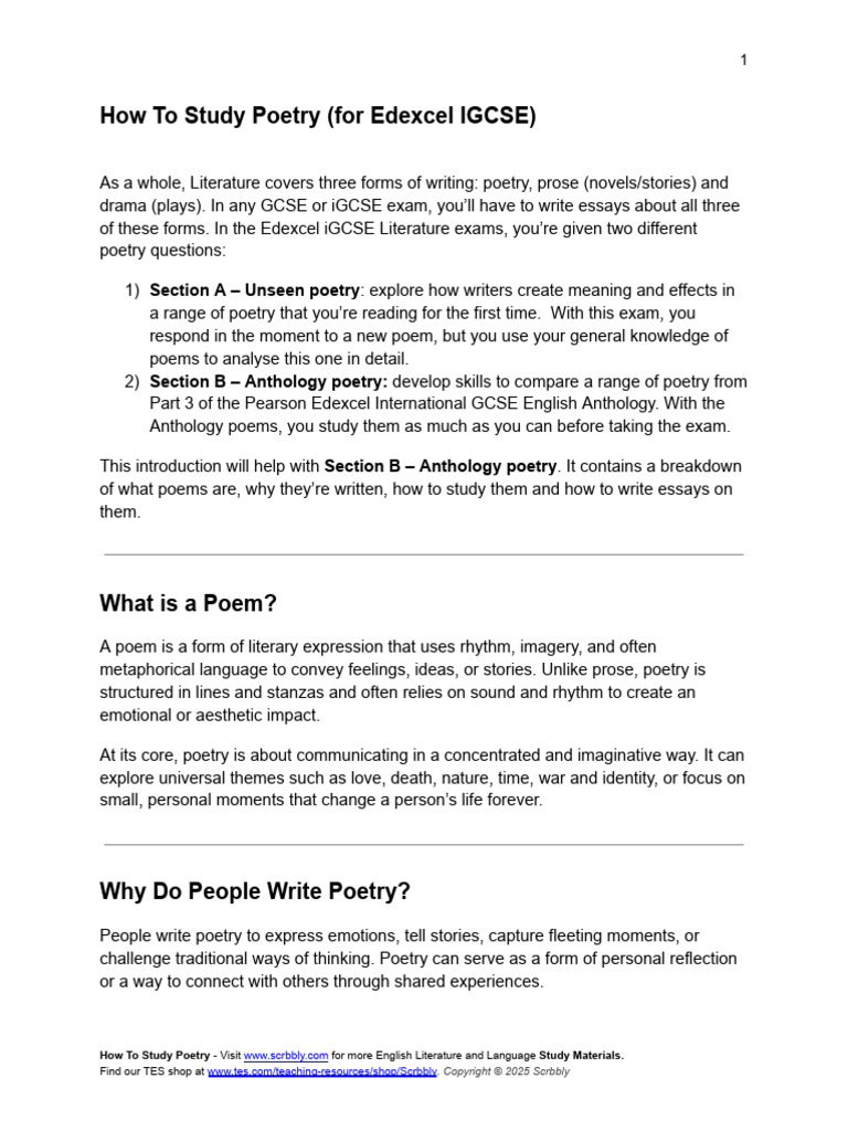 How To Study Poetry (Edexcel IGCSE Anthology) - Printable | PDF ...