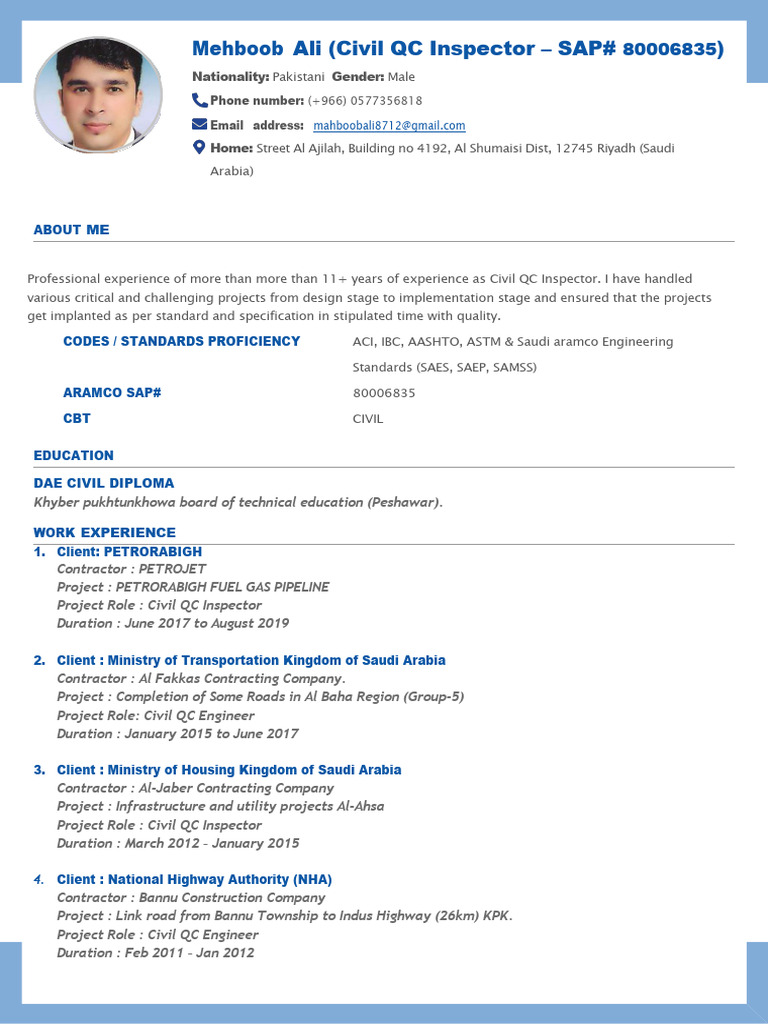Mehboob Ali CV 2025 - Civil QC Inspector | PDF | Concrete
