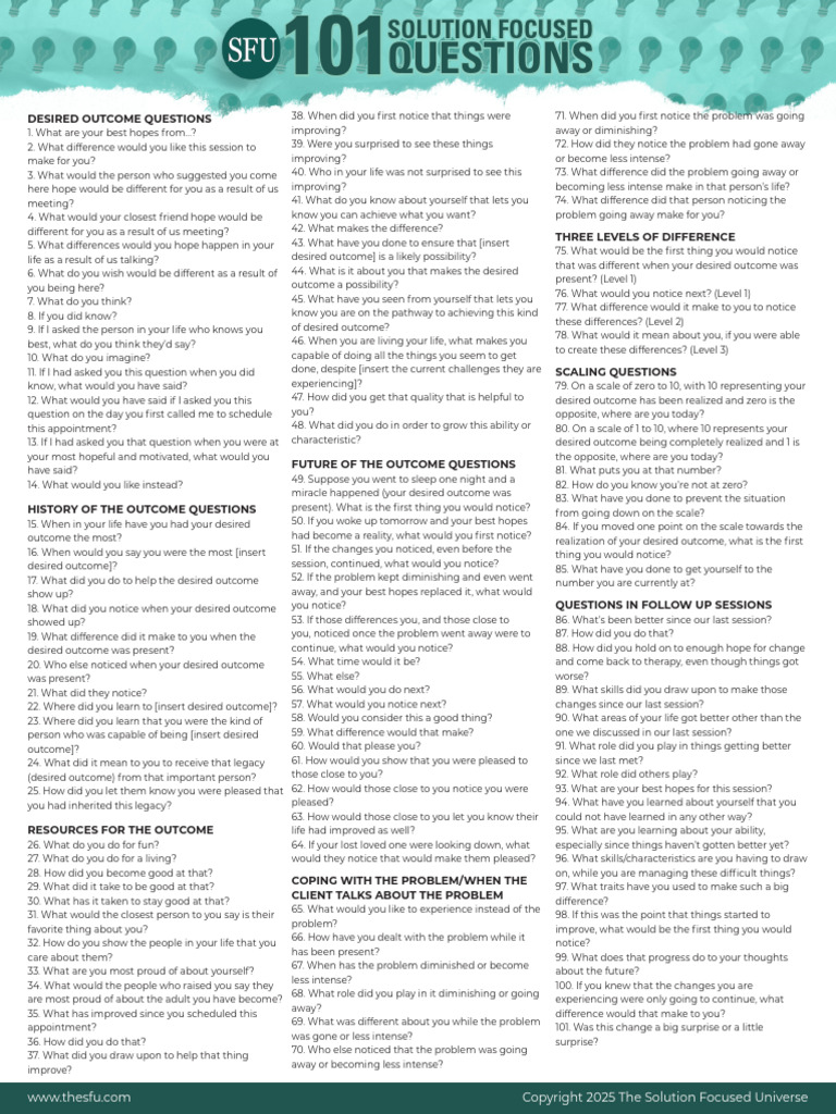 Solution-Focused Therapy Questions | PDF | Psychology | Behavioural ...