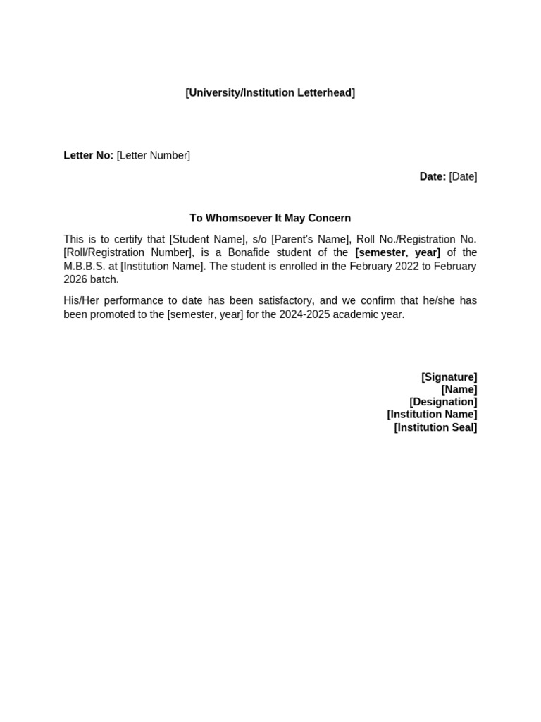 M.B.B.S. Student Certification Letter | PDF