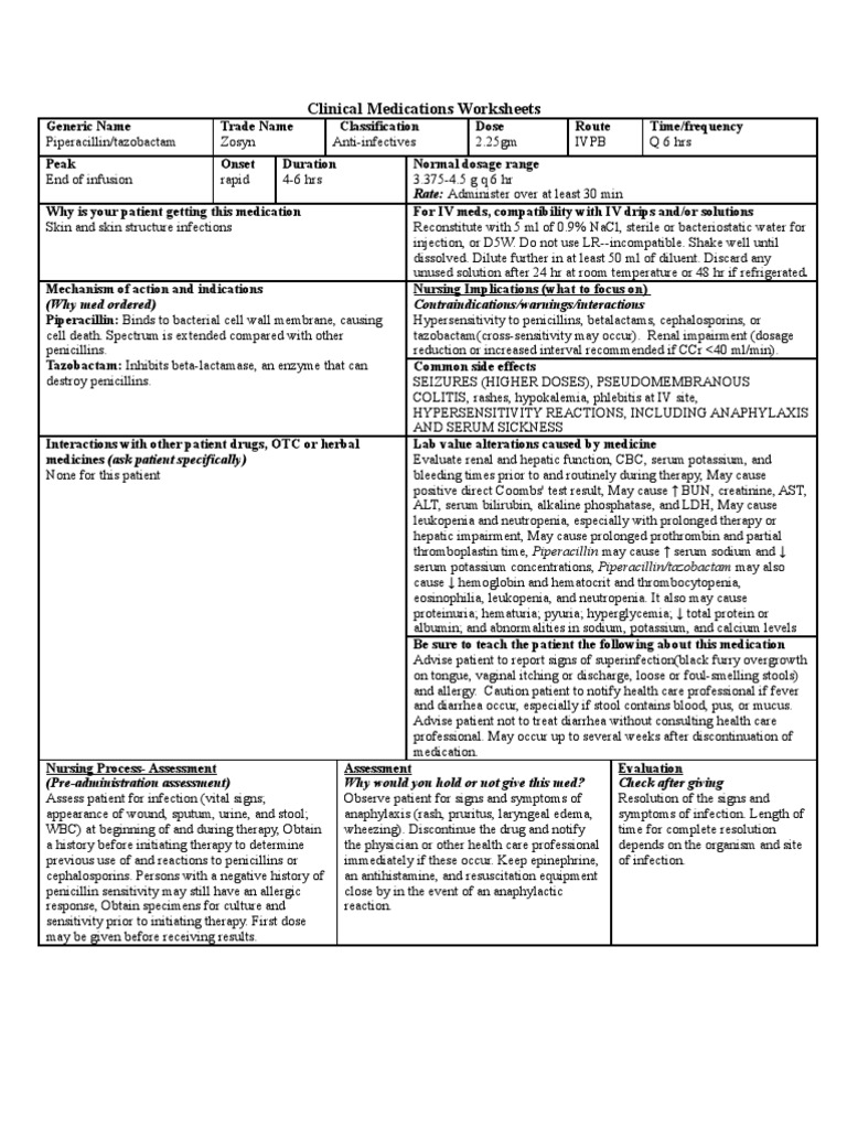 Zosyn (piperacillin/tazobactram) | Penicillin | Intravenous Therapy