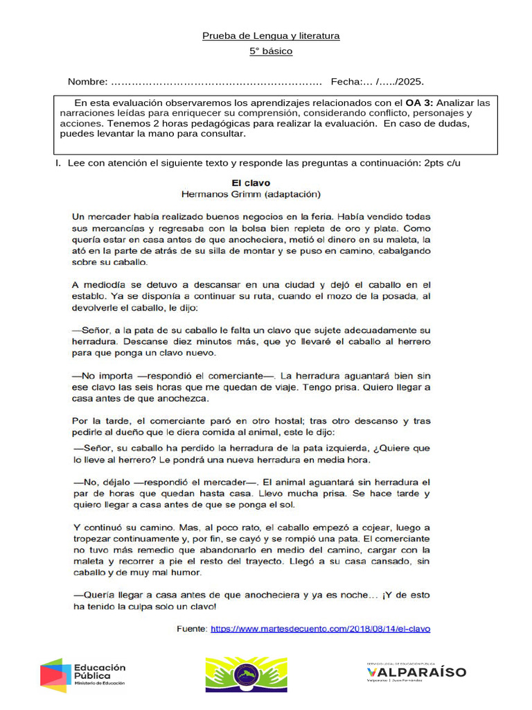 Prueba Comprensión 1 Lenguaje 5° 2025 | PDF