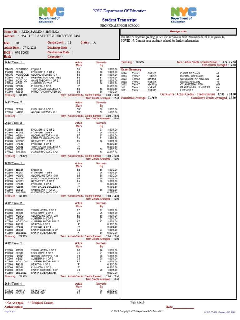 Student Transcript: NYC Department of Education | PDF