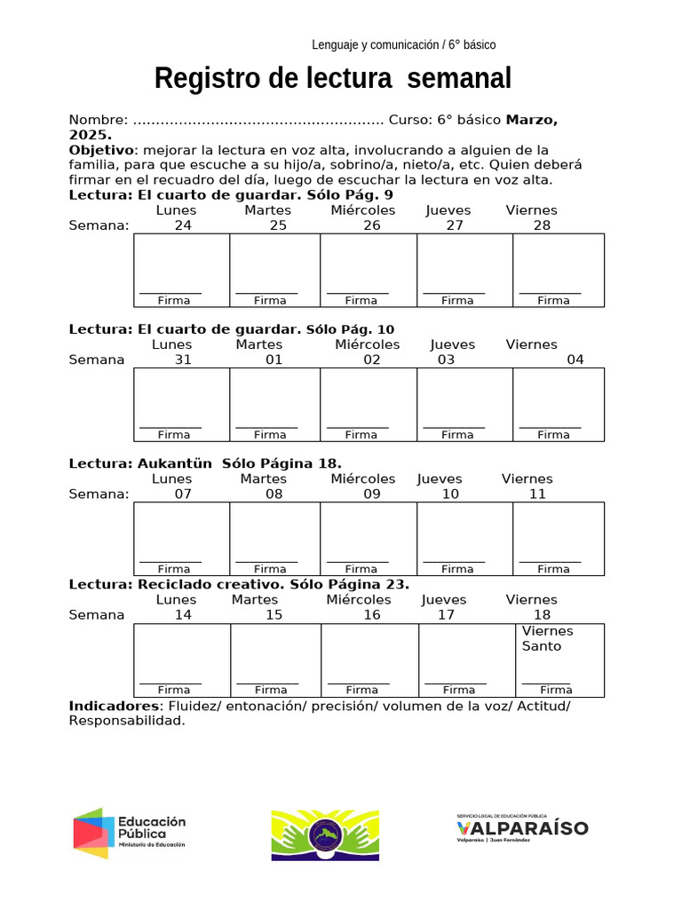 Registro de Lectura Diaria 6° Básico | PDF