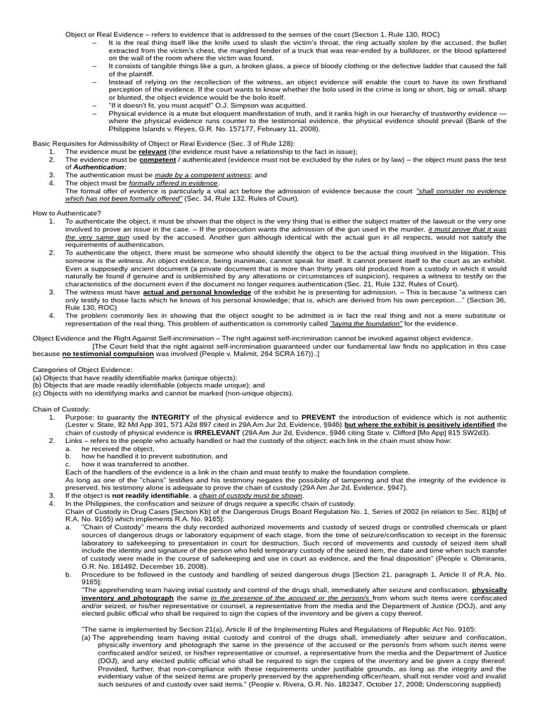 EVIDENCE NOTES 3 - OBJECTIVE EVIDENCE | PDF | Evidence (Law) | Witness