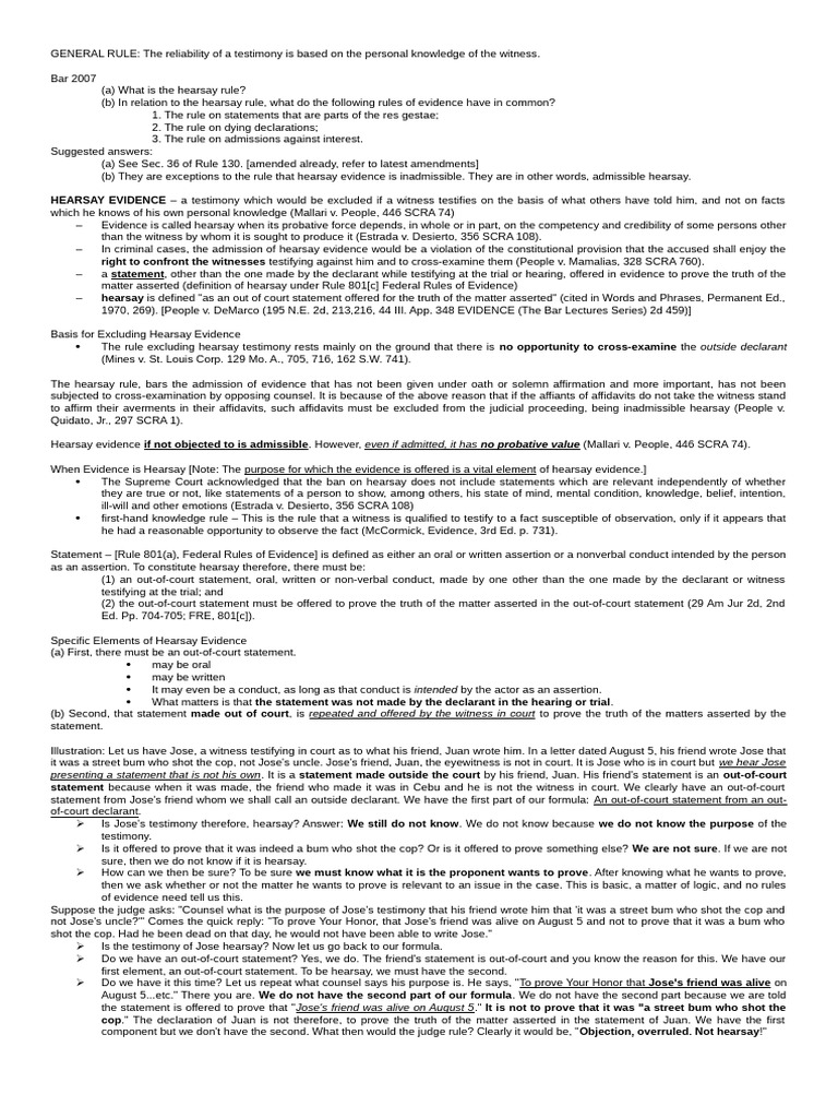 Understanding Hearsay Evidence Rules | PDF | Hearsay | Witness