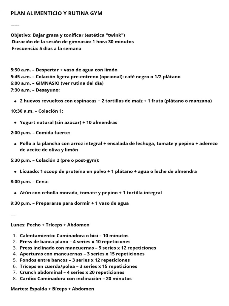 Plan Alimenticio Y Rutina Gym: Calendario Semanal - Entrenamiento Y ...