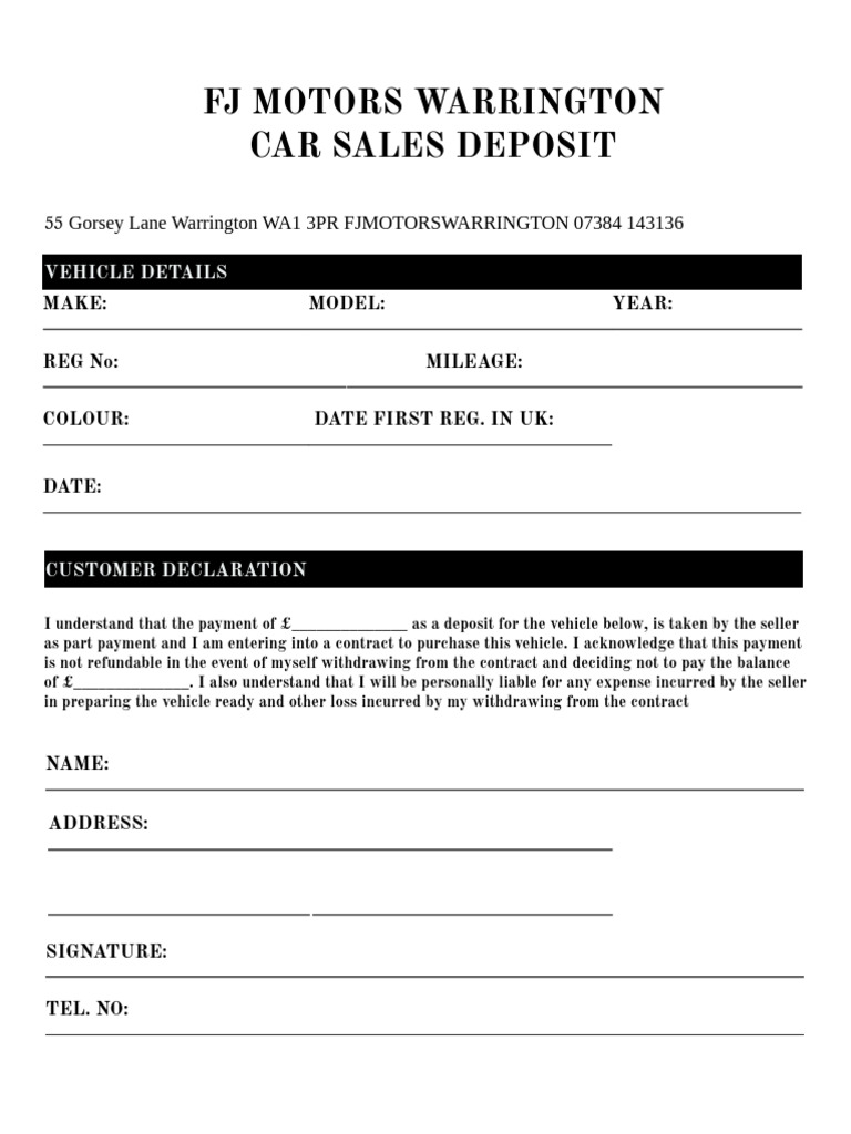 Car Sales Deposit Agreement Form | PDF