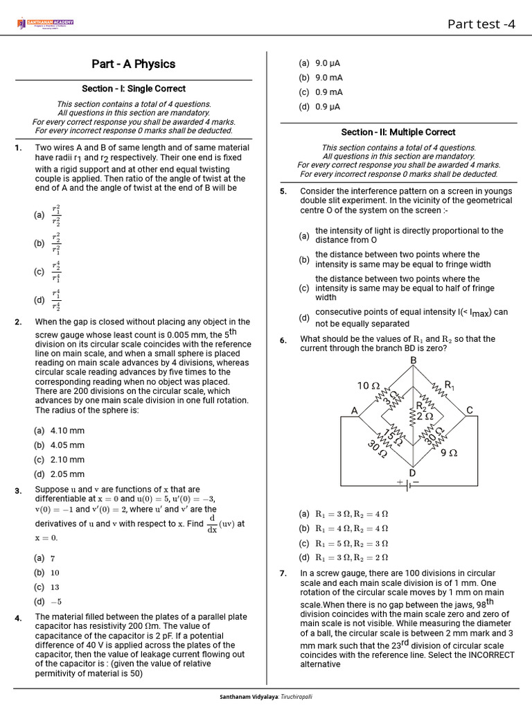 Part Test 4 TestPaper 1746073153 | PDF | Electromagnetism | Physical ...
